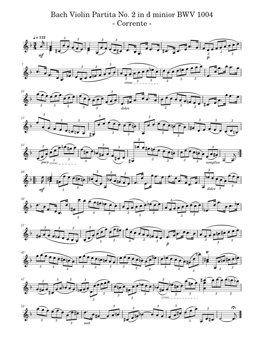 Violin Partita No. 2 in d minior BWV 1004 - Corrente - Bach Sheet music ...