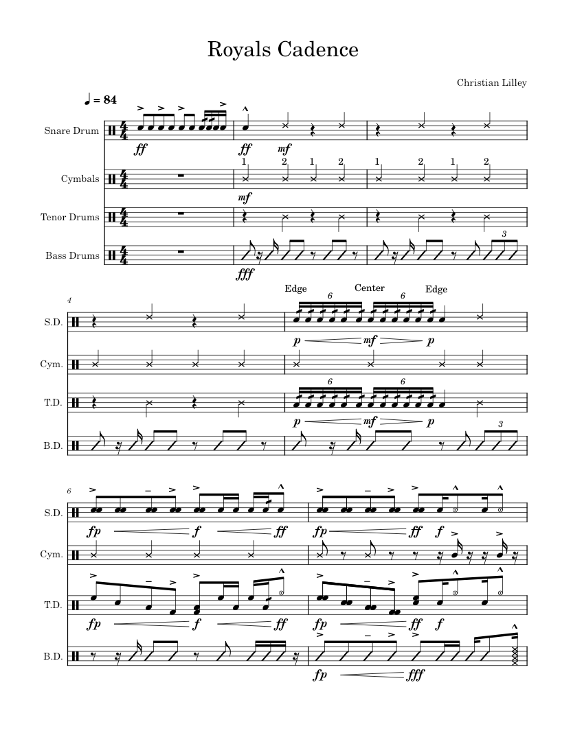 Royals Cadence Sheet music for Snare drum, Crash, Tenor drum, Bass drum ...