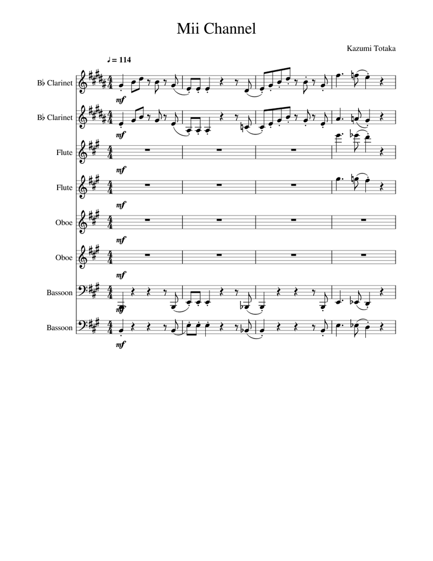Mii Channel for Woodwind Octet Sheet music for Flute, Oboe, Clarinet in ...