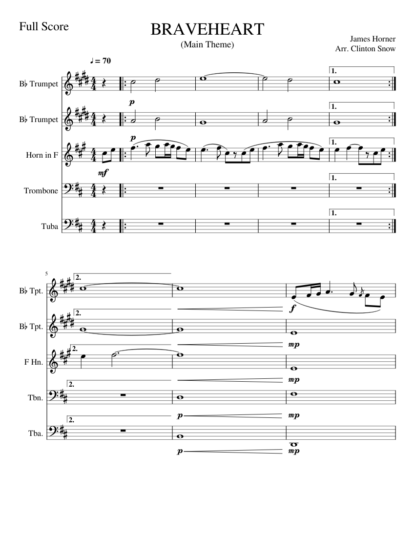 BRAVEHEART (Main Theme) Brass Quintet Sheet music for Trombone, Tuba ...