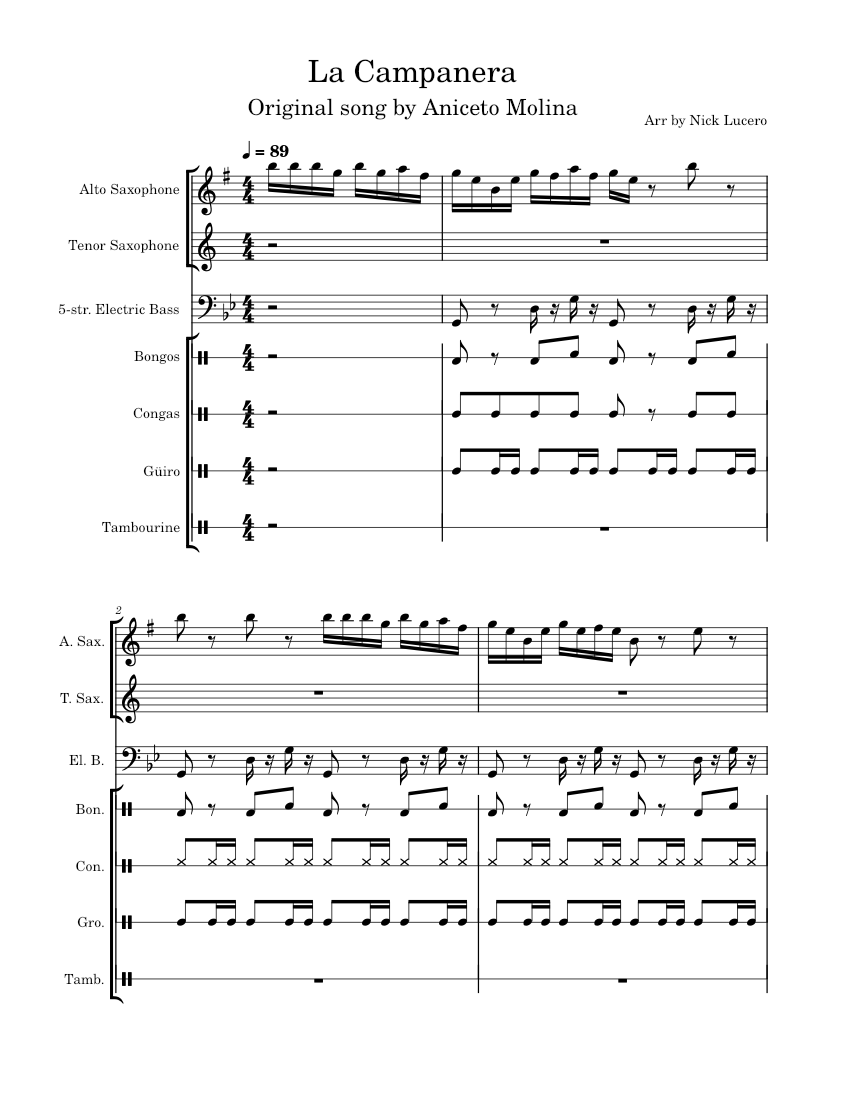 La Campanera Sheet music for Tambourine, Saxophone alto, Saxophone tenor, Bass guitar & more ...