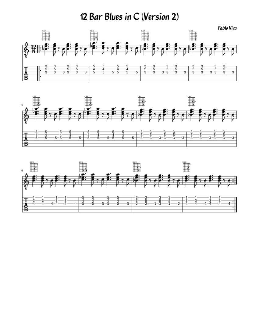 12 Bar Blues in C (Minor Flat 5 Triads) Sheet music for Guitar (Solo ...