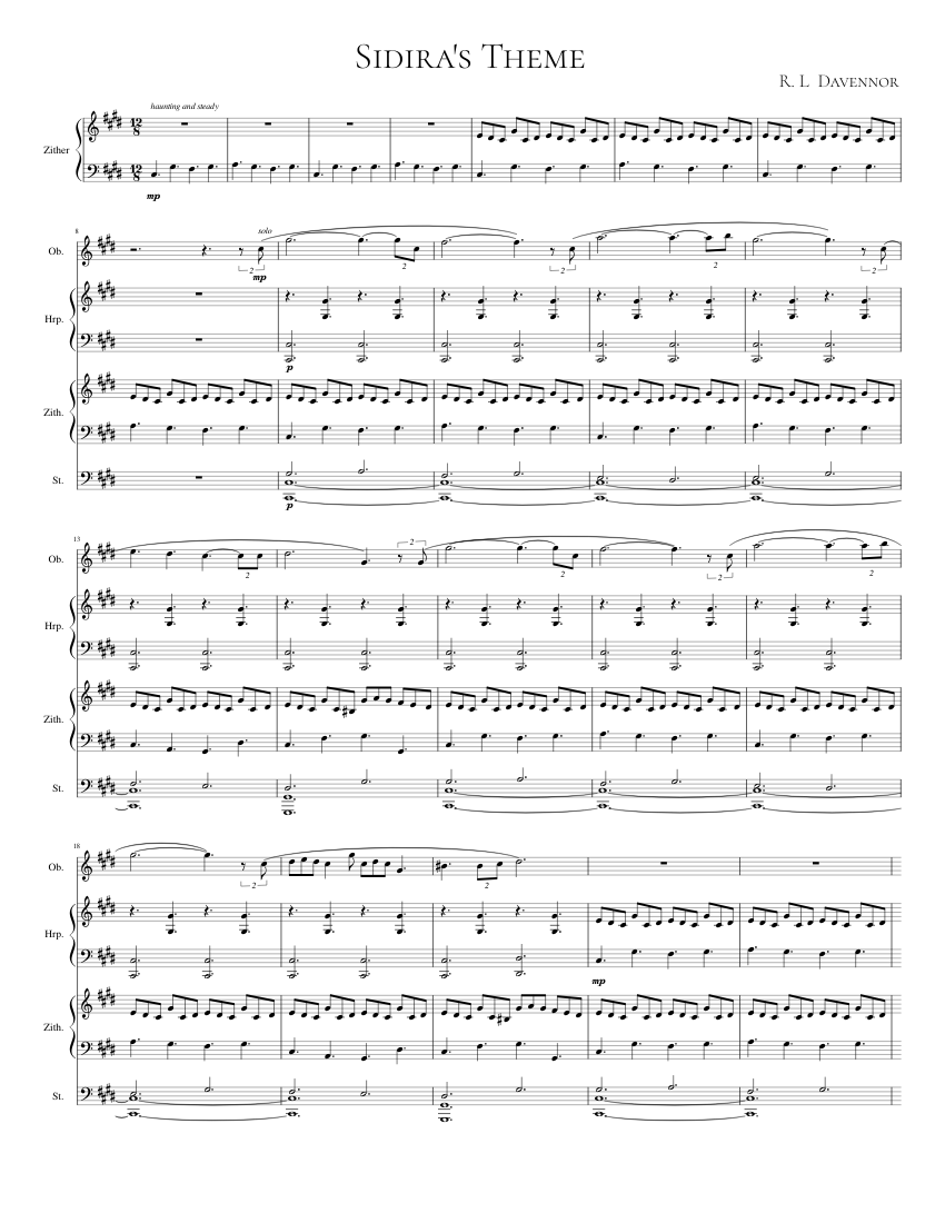 Sidira's Theme Sheet music for Harpsichord, Oboe, Snare drum, Violin ...