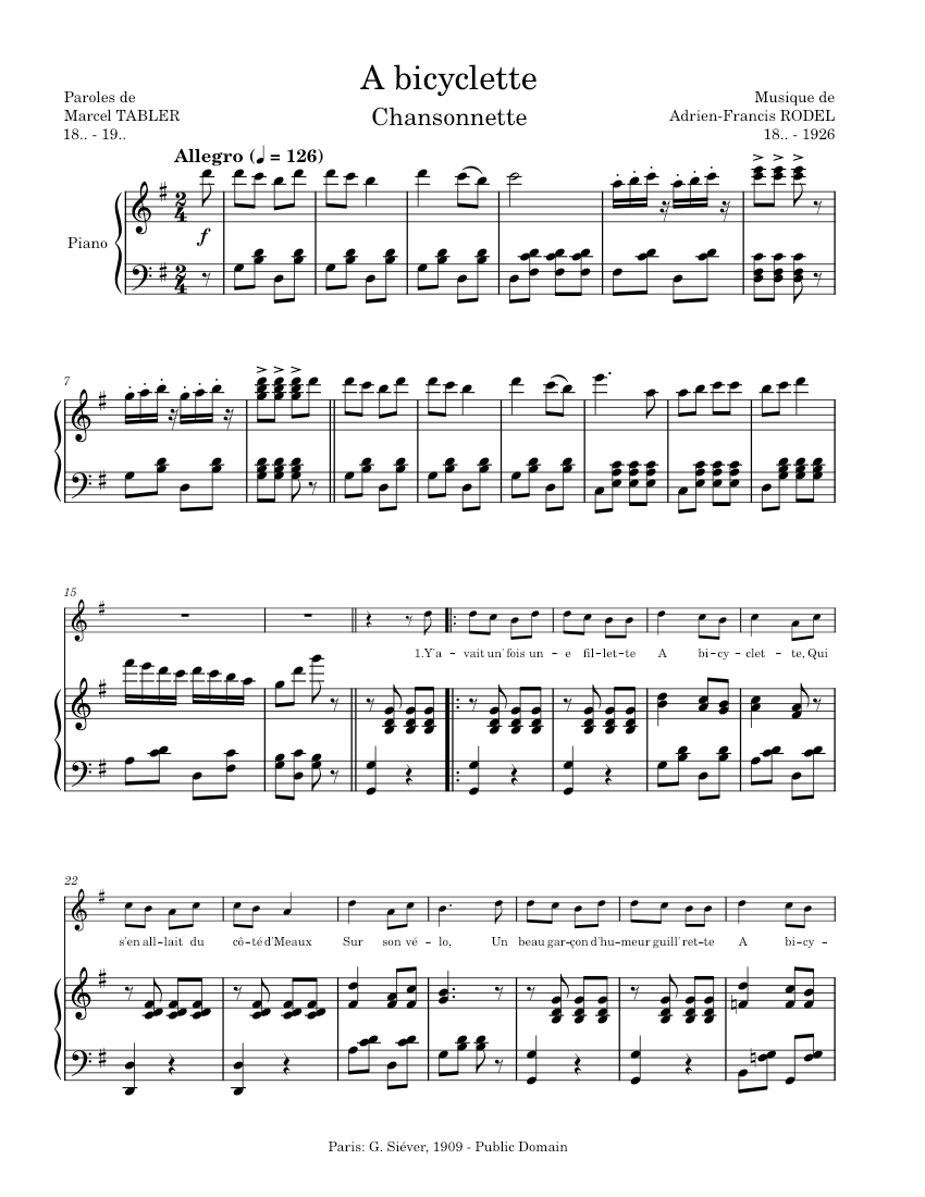 A bicyclette - Adrien-Francis Rodel Sheet music for Piano, Synthesizer (Piano-Voice) | Musescore.com