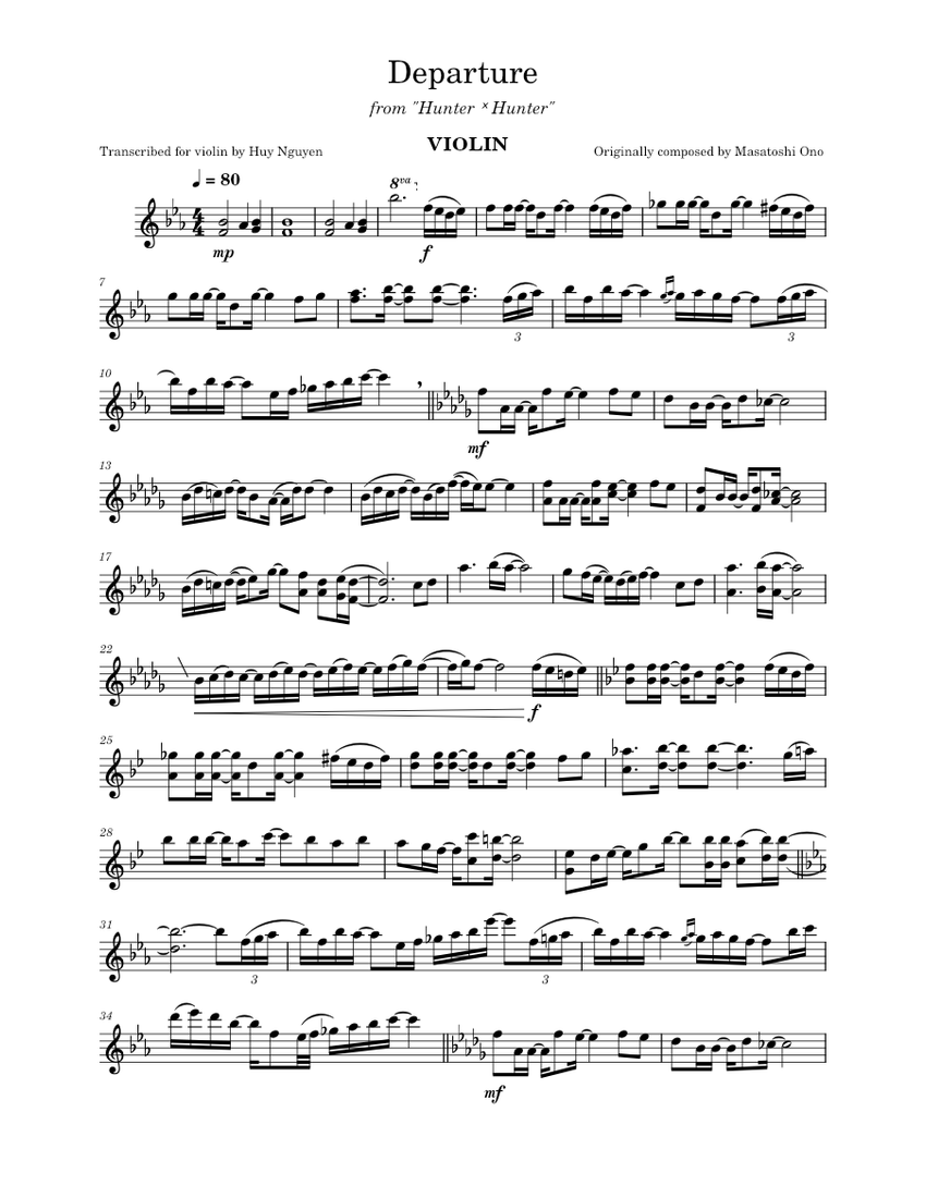Departure! from Hunter x Hunter – Masatoshi Ono for Violin Sheet music ...