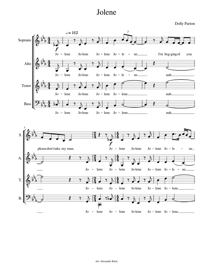 Jolene Sheet music for Soprano, Alto, Tenor, Bass voice (Choral ...