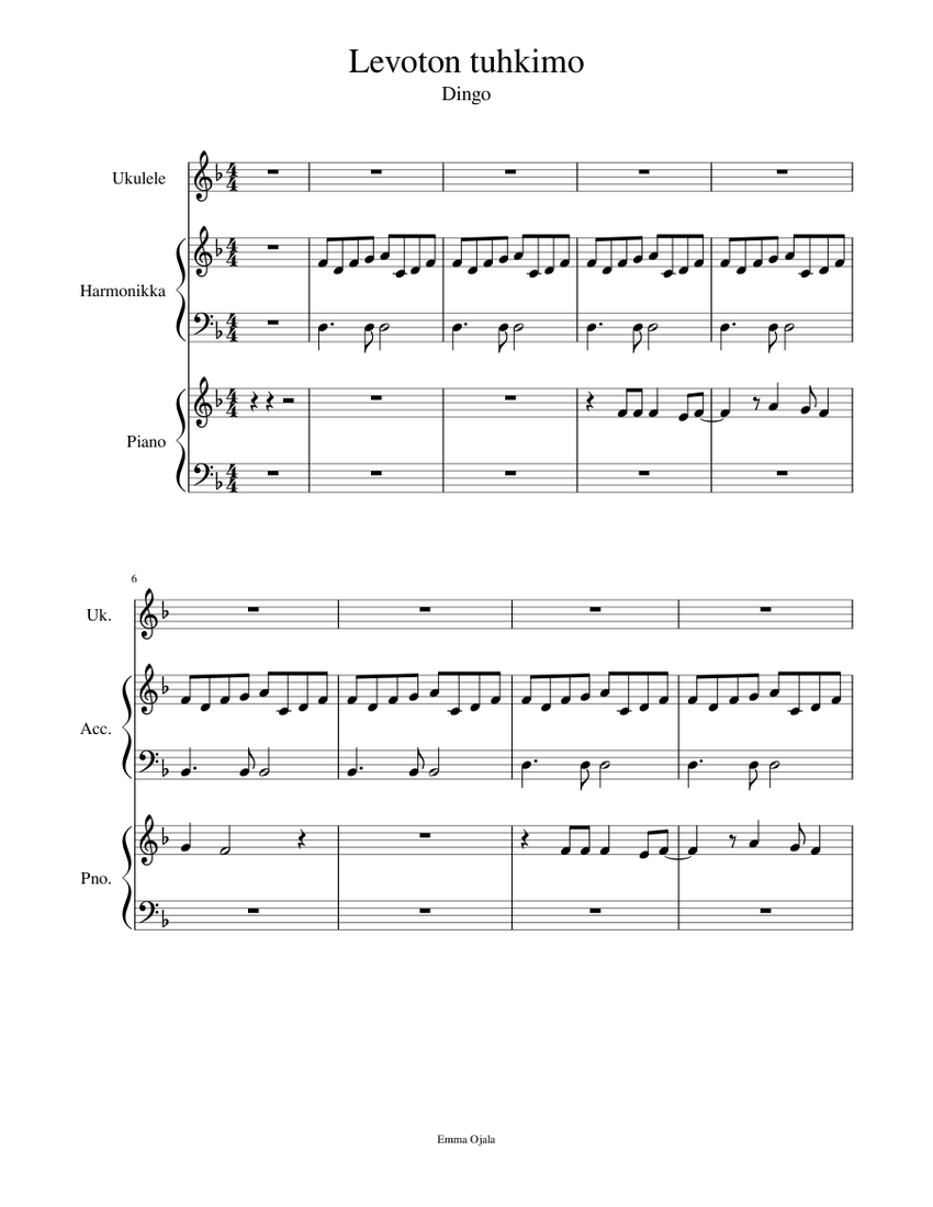 Levoton tuhkimo Sheet music for Piano, Accordion, Ukulele (Mixed Trio ...