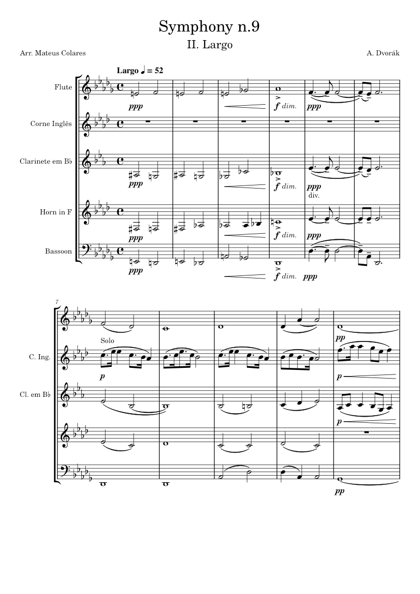 Dvořák, Symphony No.9 - II. Largo (for Woodwind Quintet) Sheet Music ...