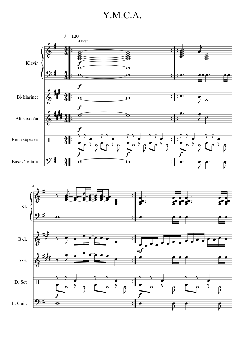 YMCA Sheet music for Piano, Clarinet in b-flat, Saxophone alto, Bass ...