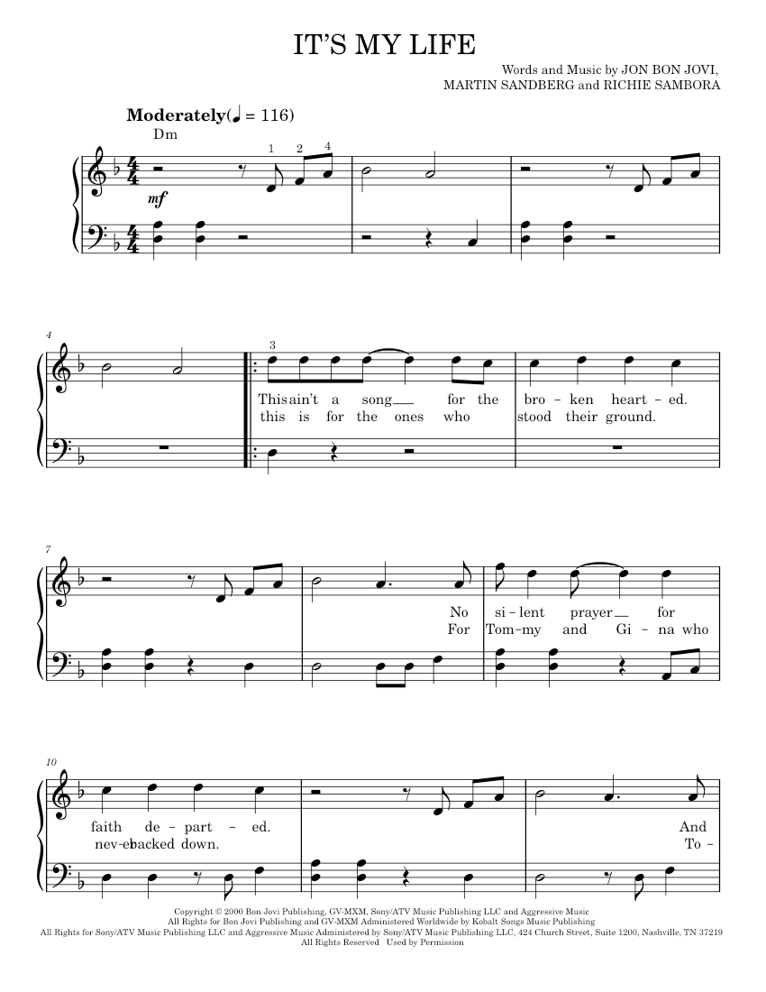 Play Official version of It's My Life Sheet Music by Bon Jovi for Piano ...