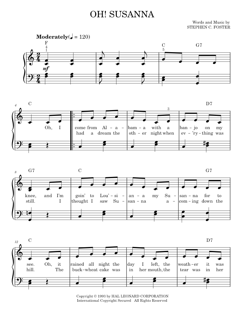 Play Official version of Oh! Susanna Sheet Music by Stephen Foster for ...