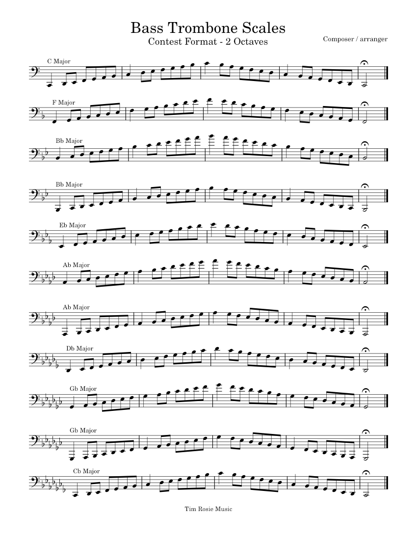 Bass Trombone Major Scales - 2 Octave, Contest Format Sheet music for ...