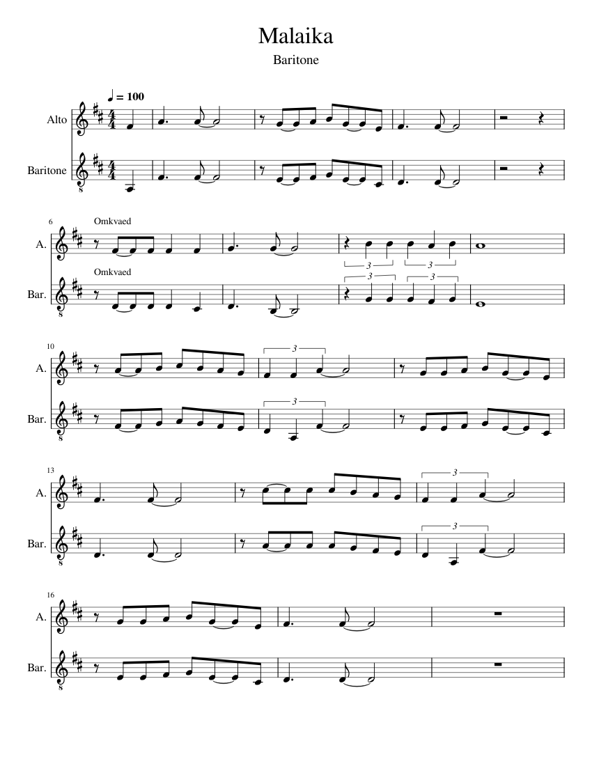 Malaika – Misc Traditional Sheet music for Alto, Baritone (SATB ...