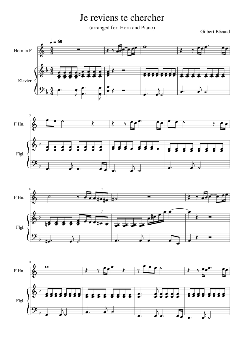 Je reviens te chercher – Gilbert Becaud. (Piano and French Horn) Sheet ...