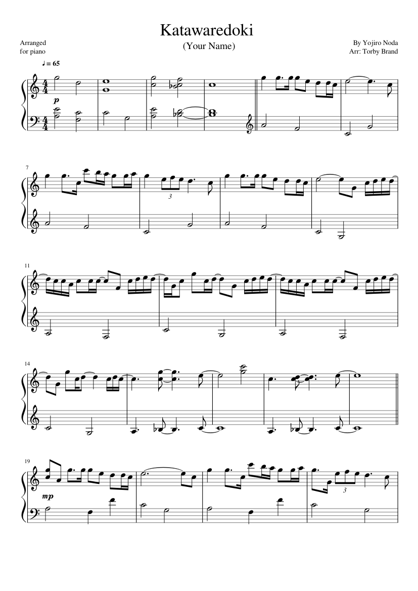 Katawaredoki (Your Name) Sheet Music for Piano (Solo) | MuseScore.com