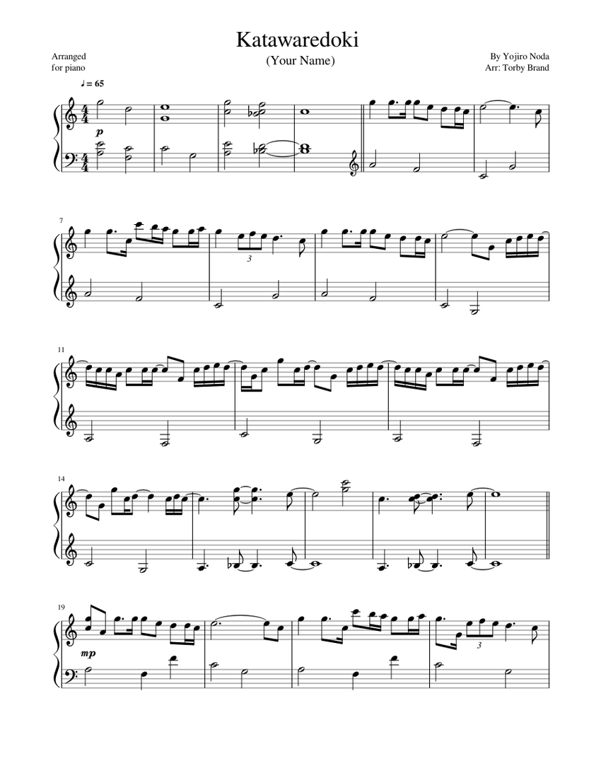Katawaredoki (Your Name) Sheet music for Piano (Solo) | Musescore.com