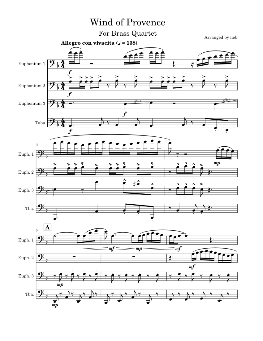 Wind of Provence – Naoki Tasaka (Low Brass Quartet) Sheet Music for ...