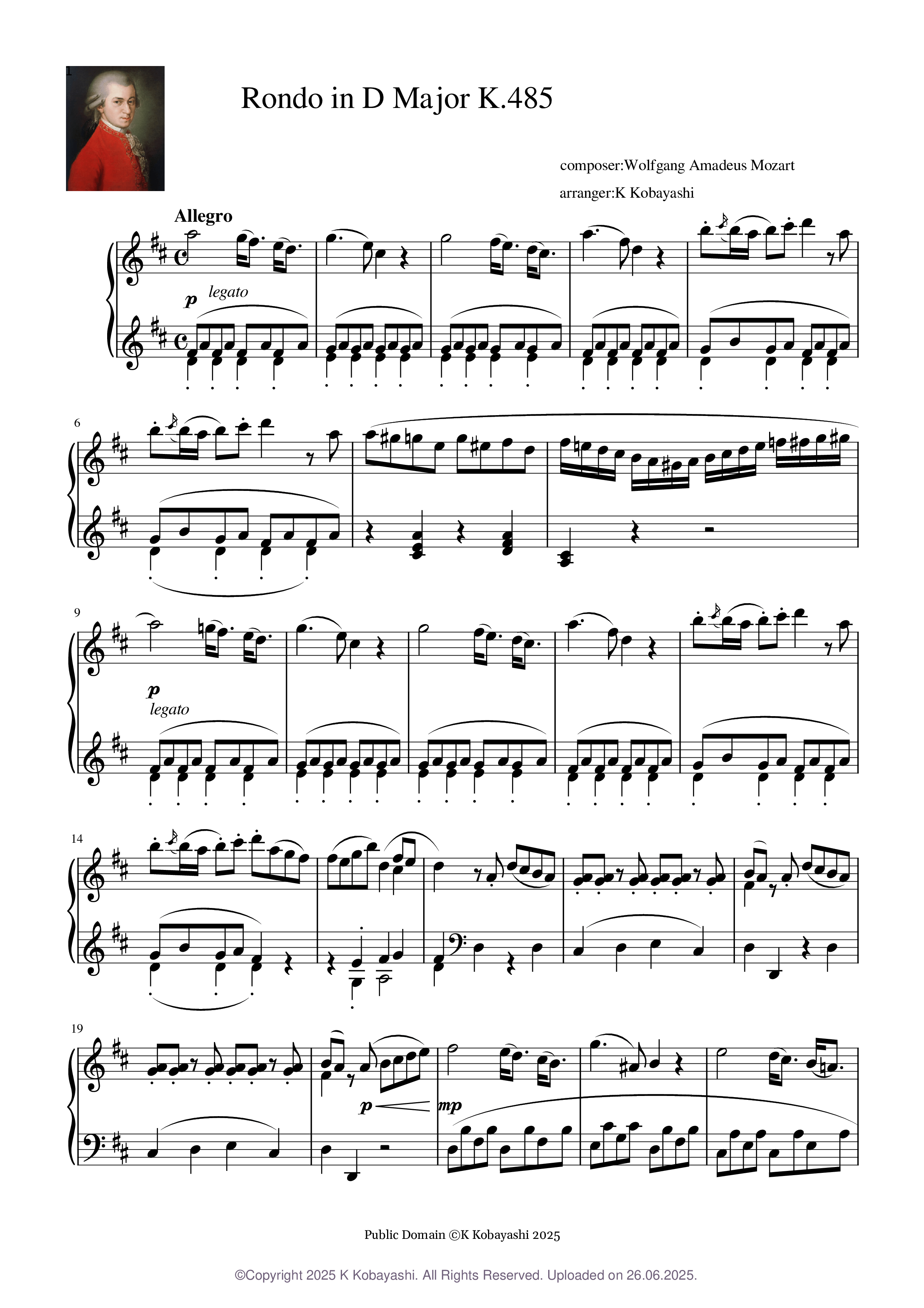 Rondo in D major K.485 - Wolfgang Amadeus Mozart Sheet Music for Piano ...