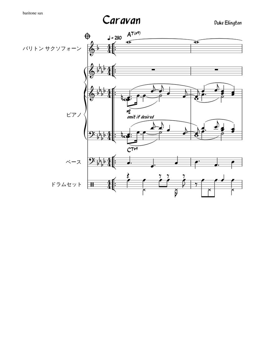 Caravan Sheet music for Piano, Saxophone baritone, Bass guitar, Drum ...