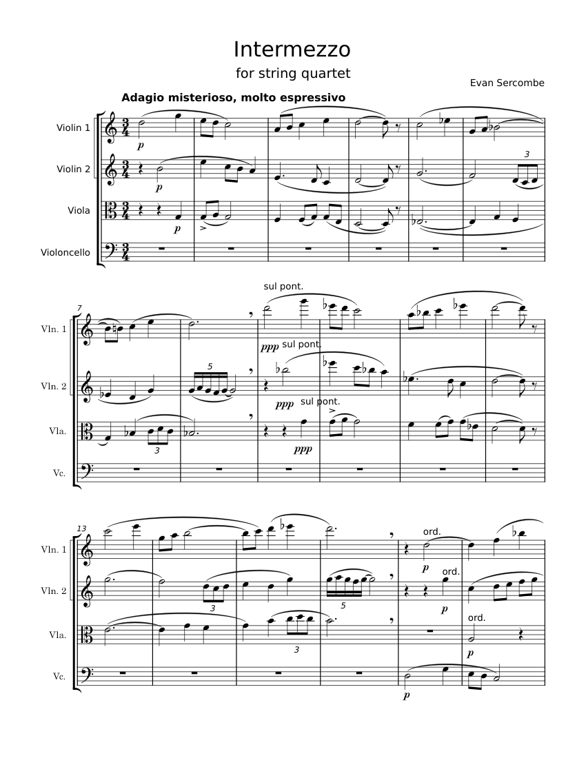 Intermezzo Sheet Music for Violin, Viola, Cello (String Quartet ...