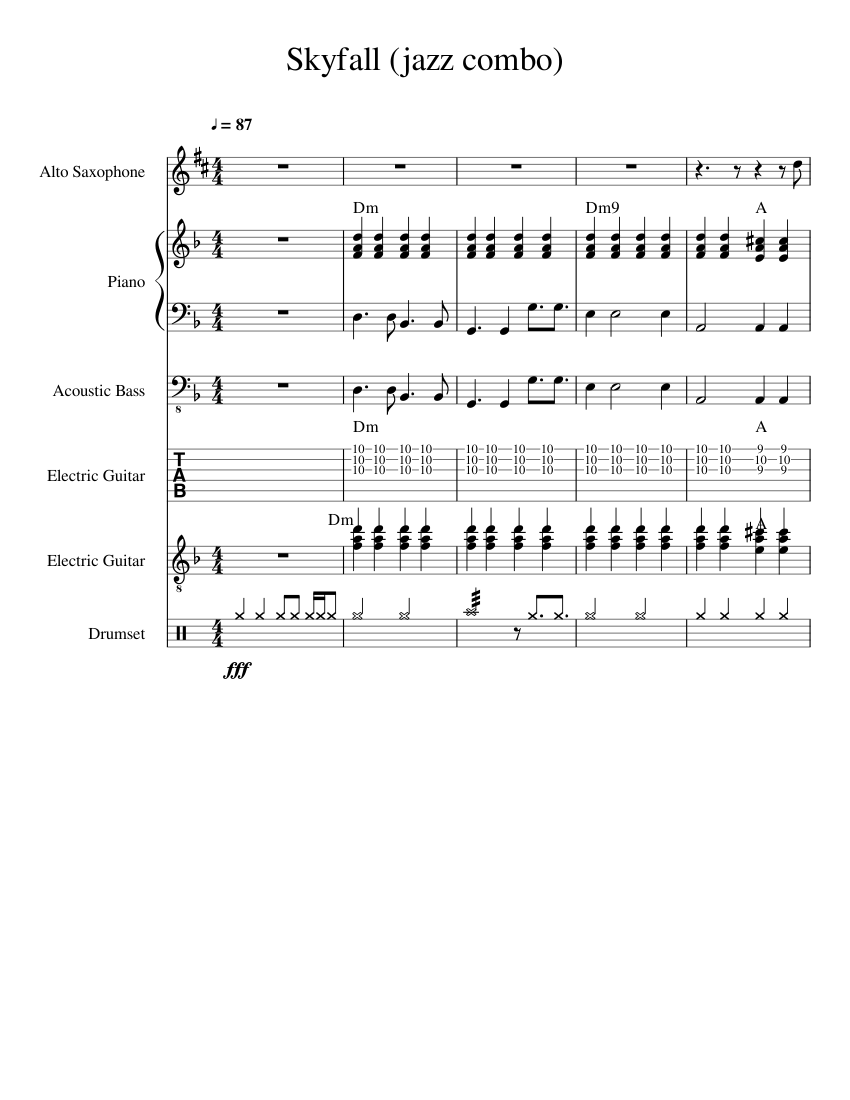 Skyfall jazz combo Sheet music for Piano, Saxophone alto, Guitar, Bass ...