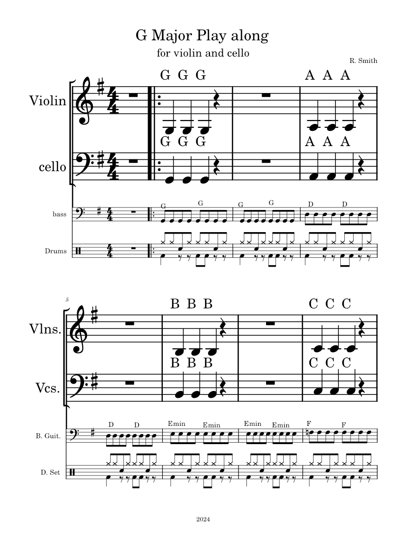 G Major Play along Sheet music for Bass guitar, Drum group, Strings group (Mixed Quartet ...