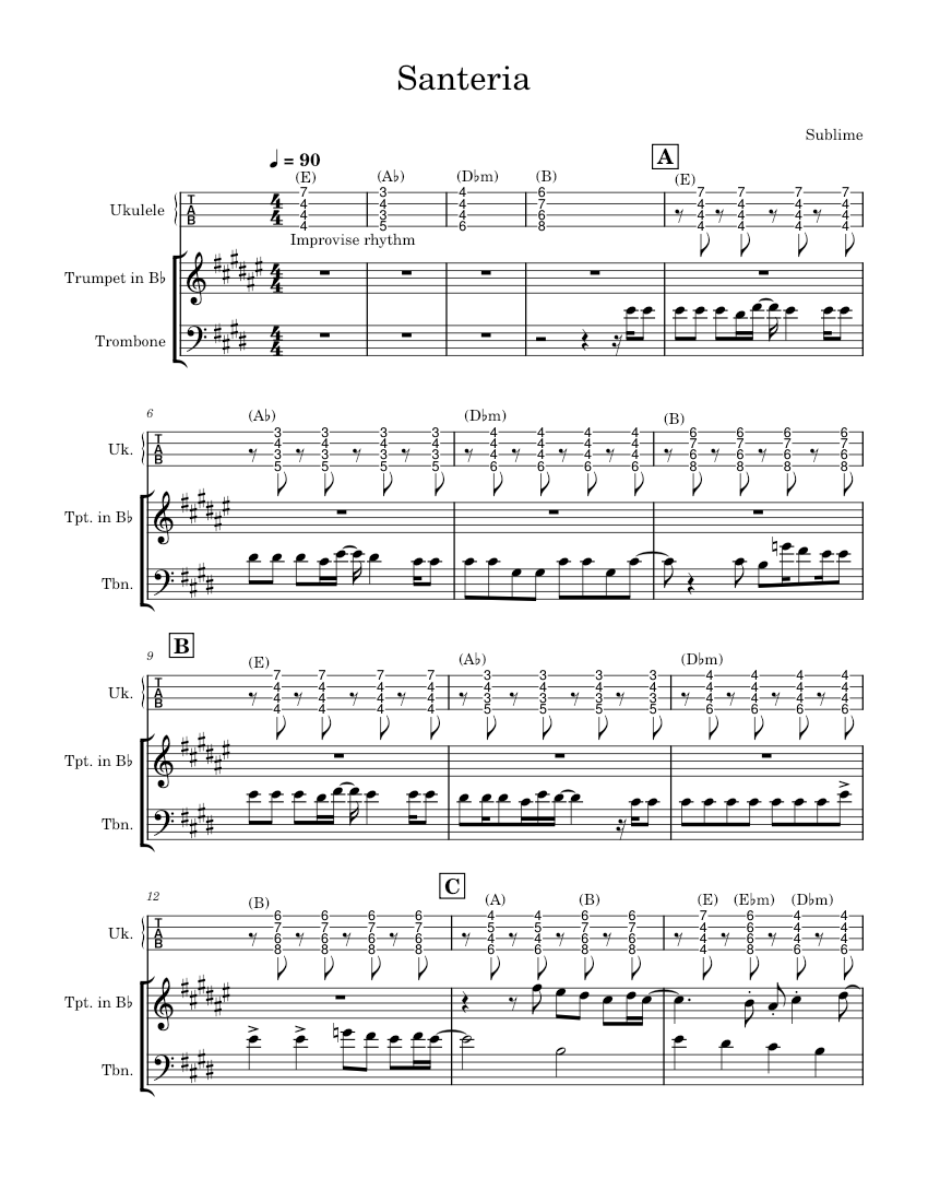 Santeria – Sublime Santeria – Trumpet/Trombone with Ukulele Sheet Music ...
