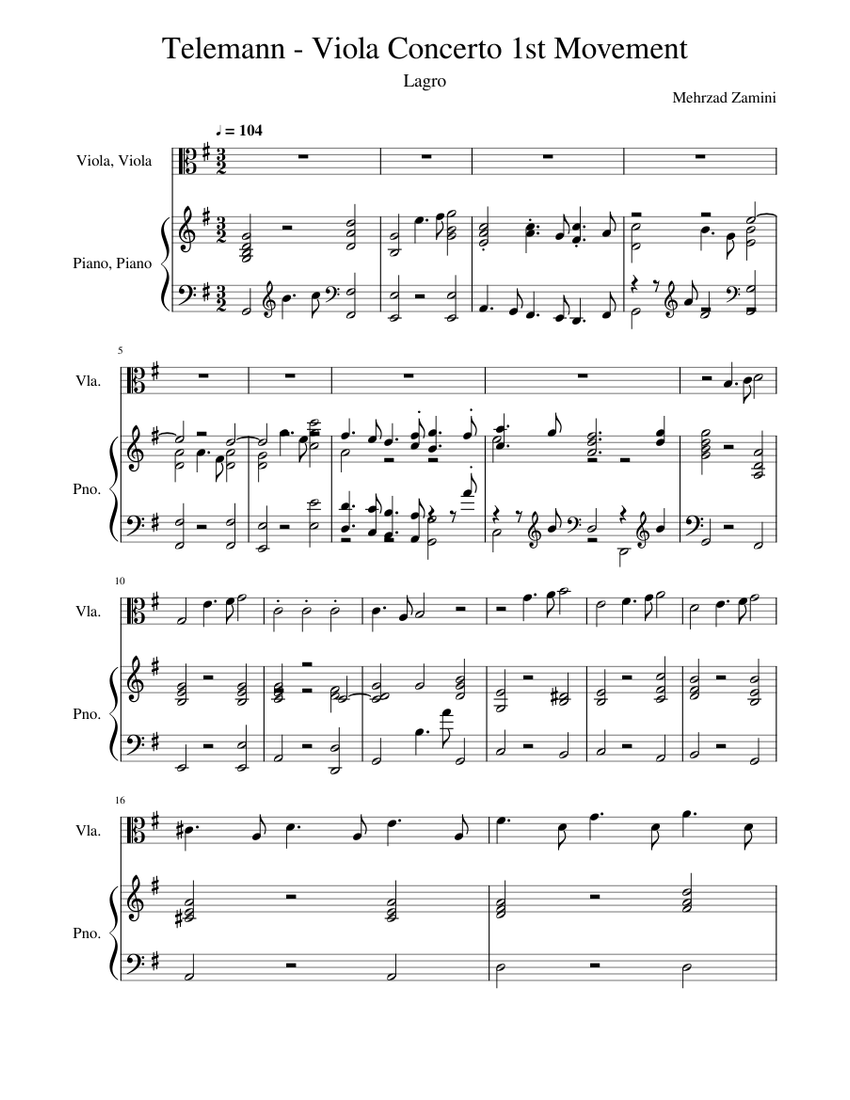 Telemann - Viola Concerto 1st Movement Sheet music for Piano, Viola ...