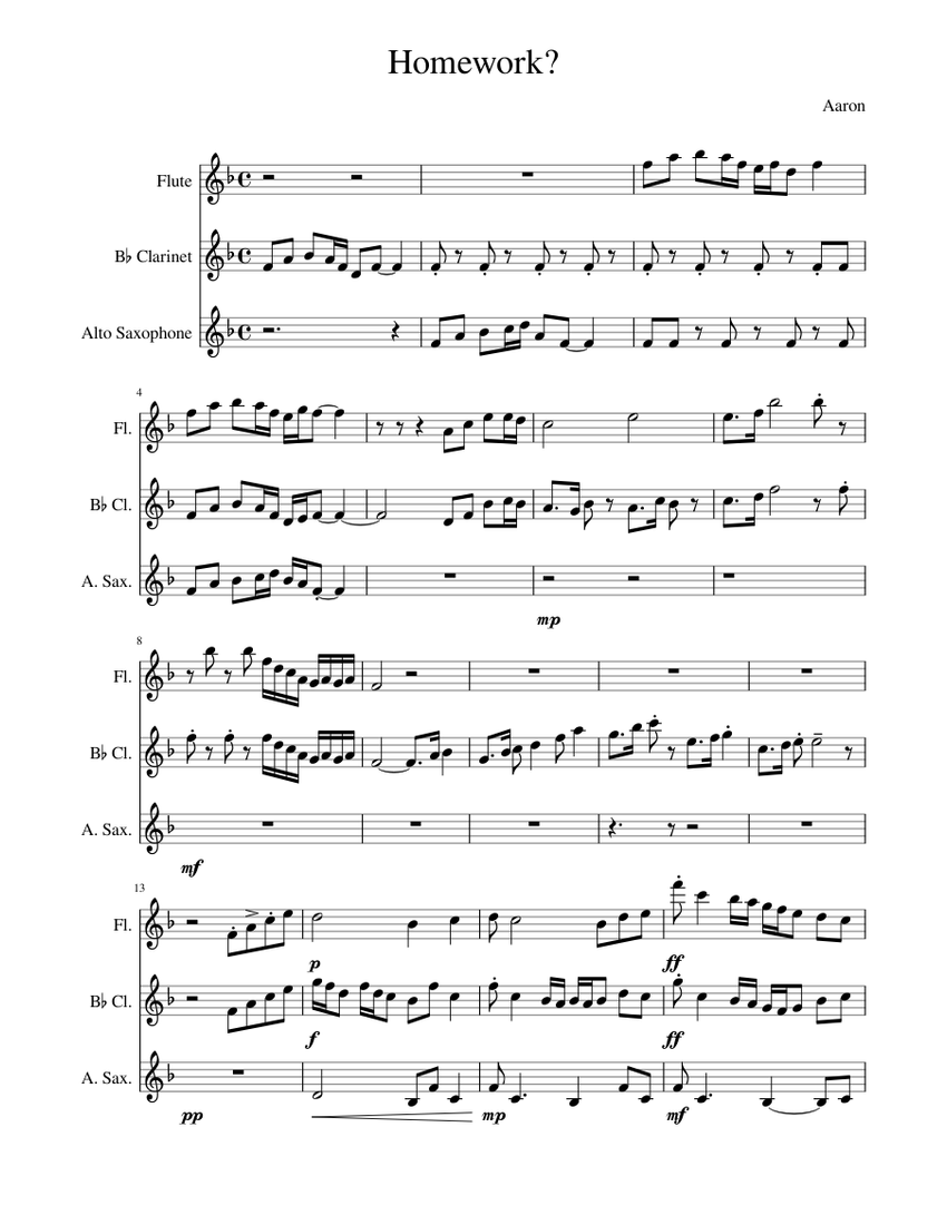 Homework Sheet music for Flute, Clarinet in b-flat, Saxophone alto ...