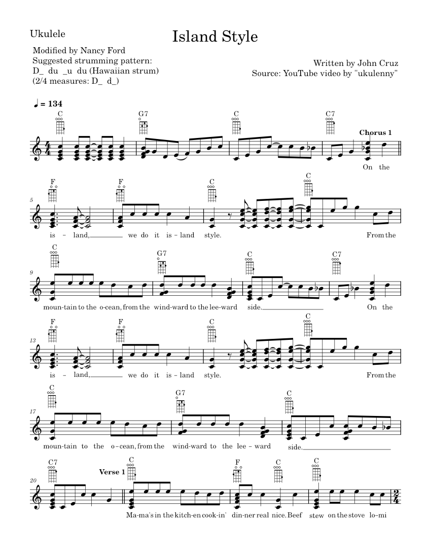 Island Style – John Cruz (Ukulele and Piano) Sheet Music with Chords ...