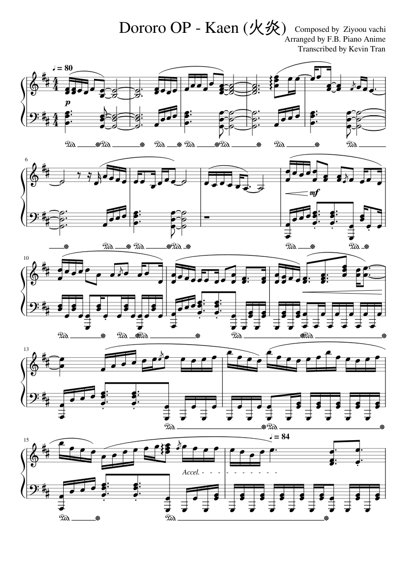 Dororo OP - Kaen | F.B. Piano Anime Sheet music for Piano (Solo ...