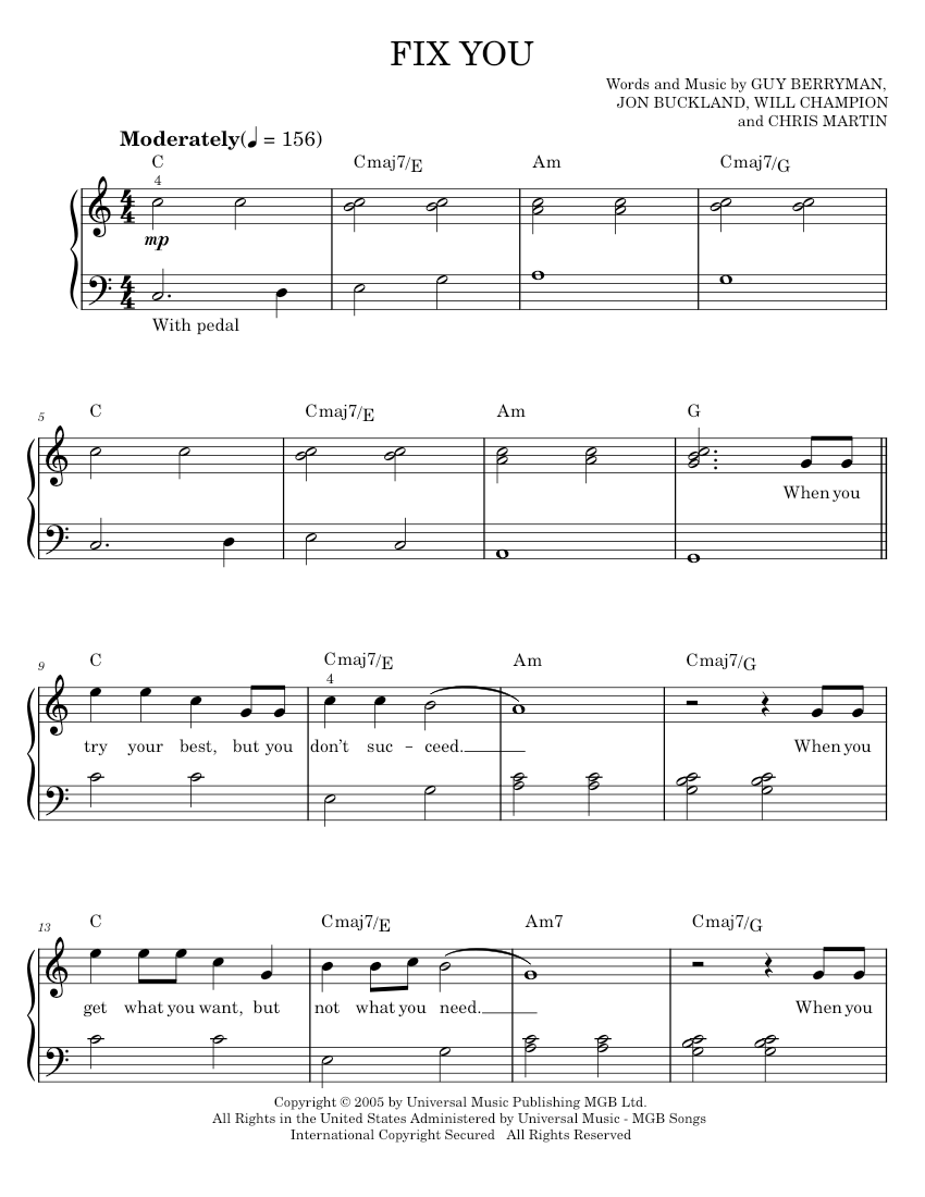 Play Official version of Fix You sheet music by Coldplay for Piano ...