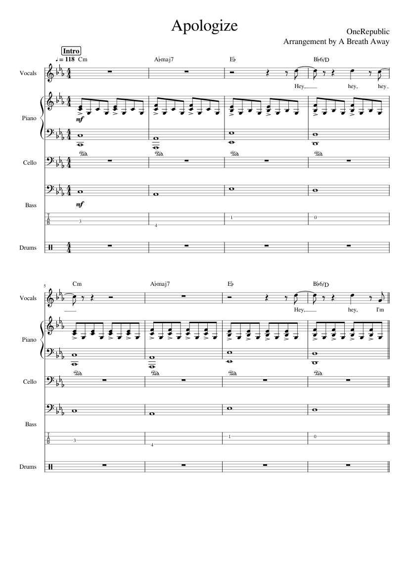 Apologize - OneRepublic | Piano/Vocals/Cello/Bass/Drums Sheet music for ...
