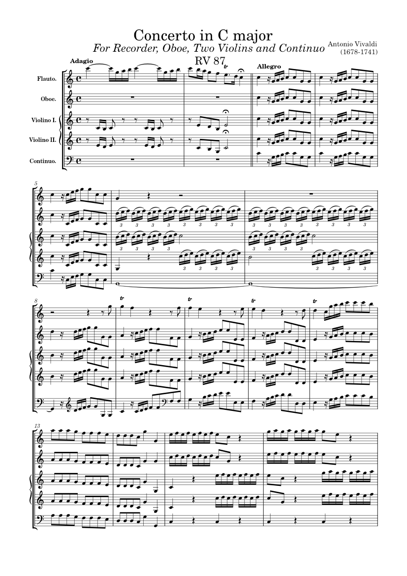 Chamber Concerto in C major, RV 87 – Antonio Vivaldi Sheet Music for Oboe, Violin, Cello ...