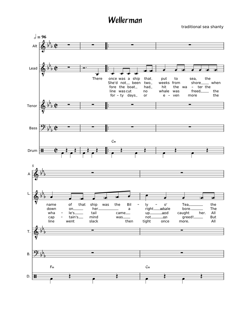The Wellerman sea shanty Sheet music for Alto, Tenor, Bass voice, Drum ...