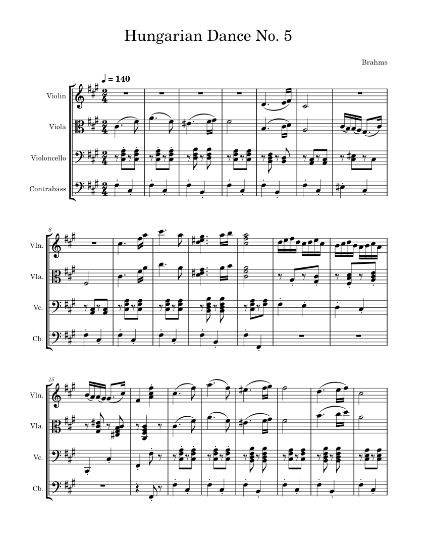 Hungarian Dances No.5 Sheet music for Contrabass, Violin, Viola, Cello ...