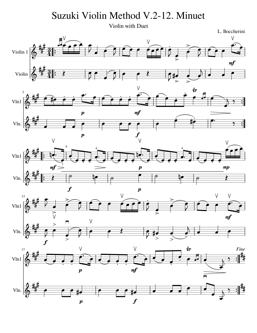 Minuet - Boccherini Sheet music for Violin (String Duet) | Musescore.com