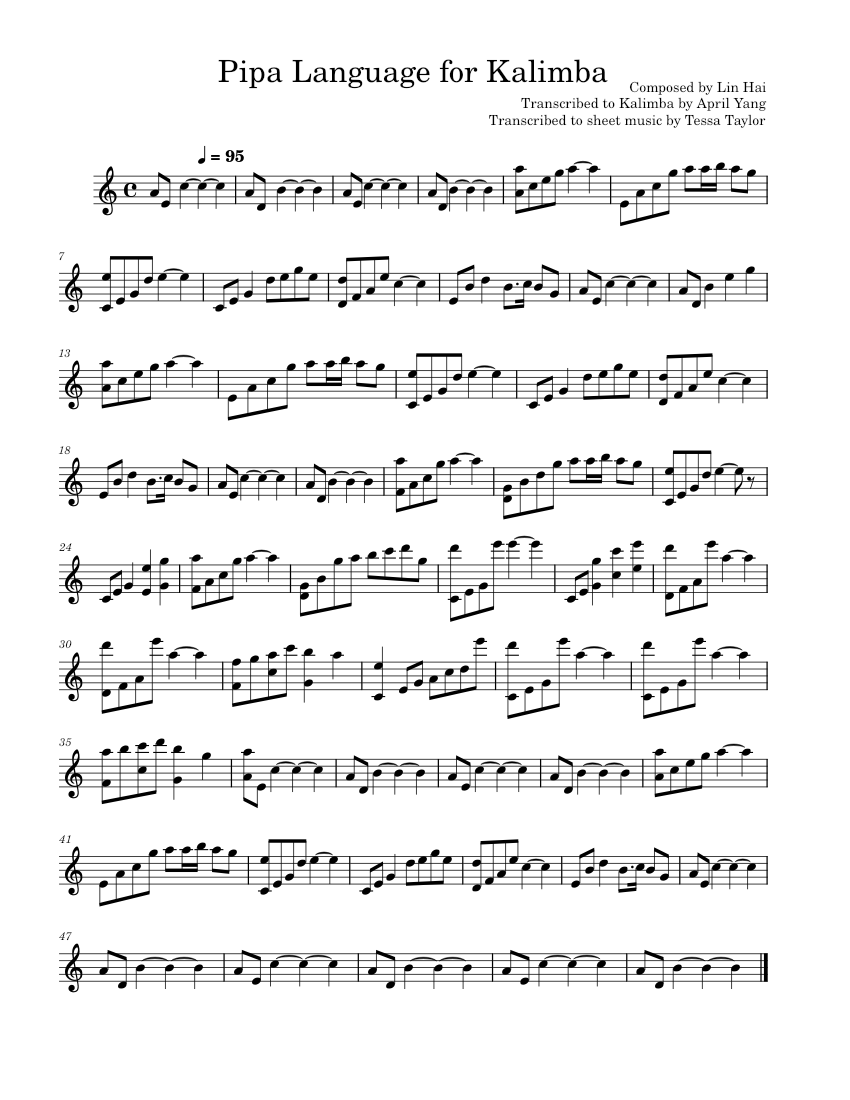 Pipa Language – Lin Hai For Kalimba (April Yang's Tabs) Sheet music for ...