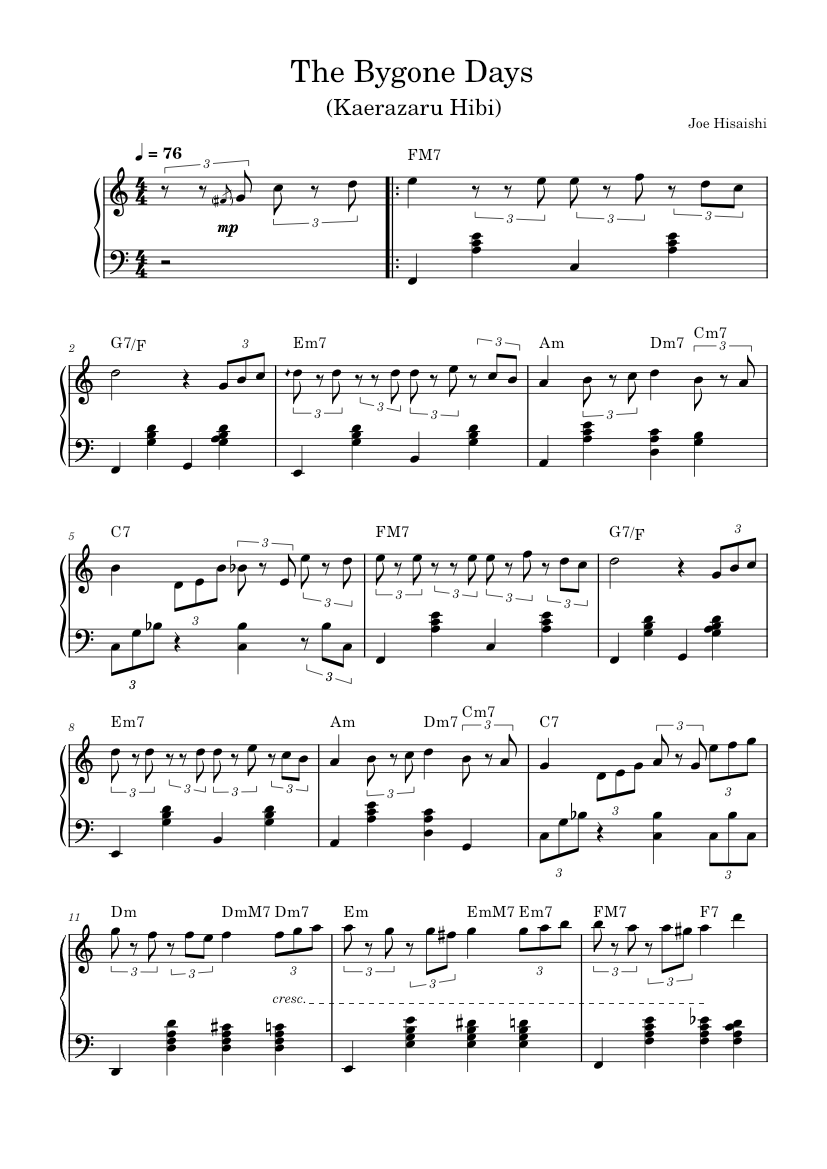 Bygone Days – Joe Hisaishi (Simplified, C key, with Chords) Sheet Music ...