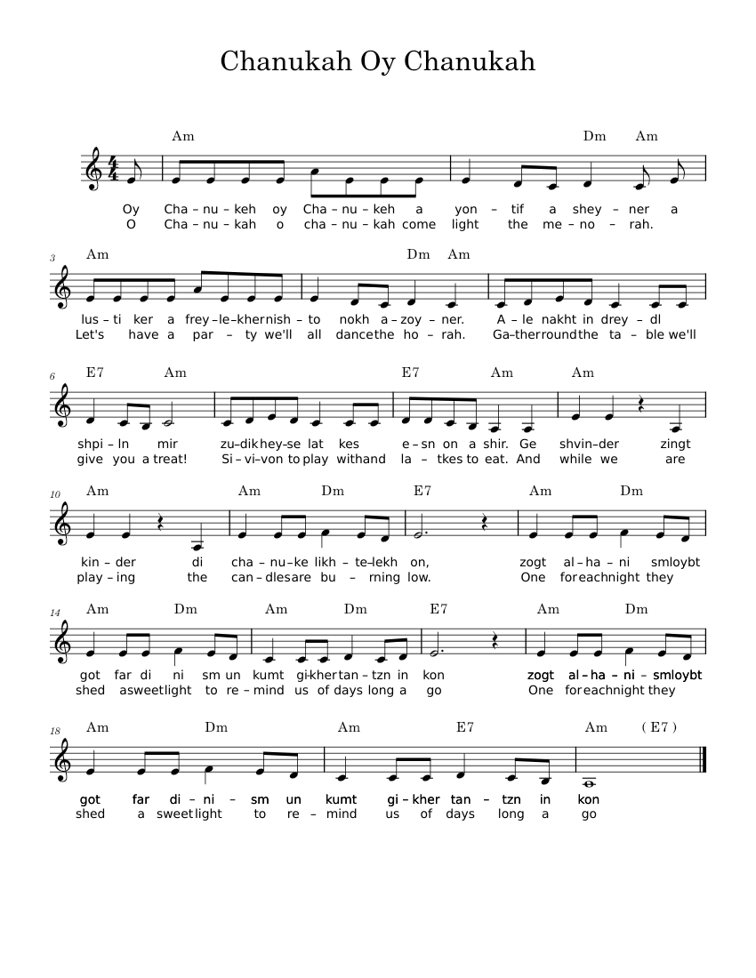 Chanukah Oy Chanukah Sheet Music with Chords for Violin (Solo ...