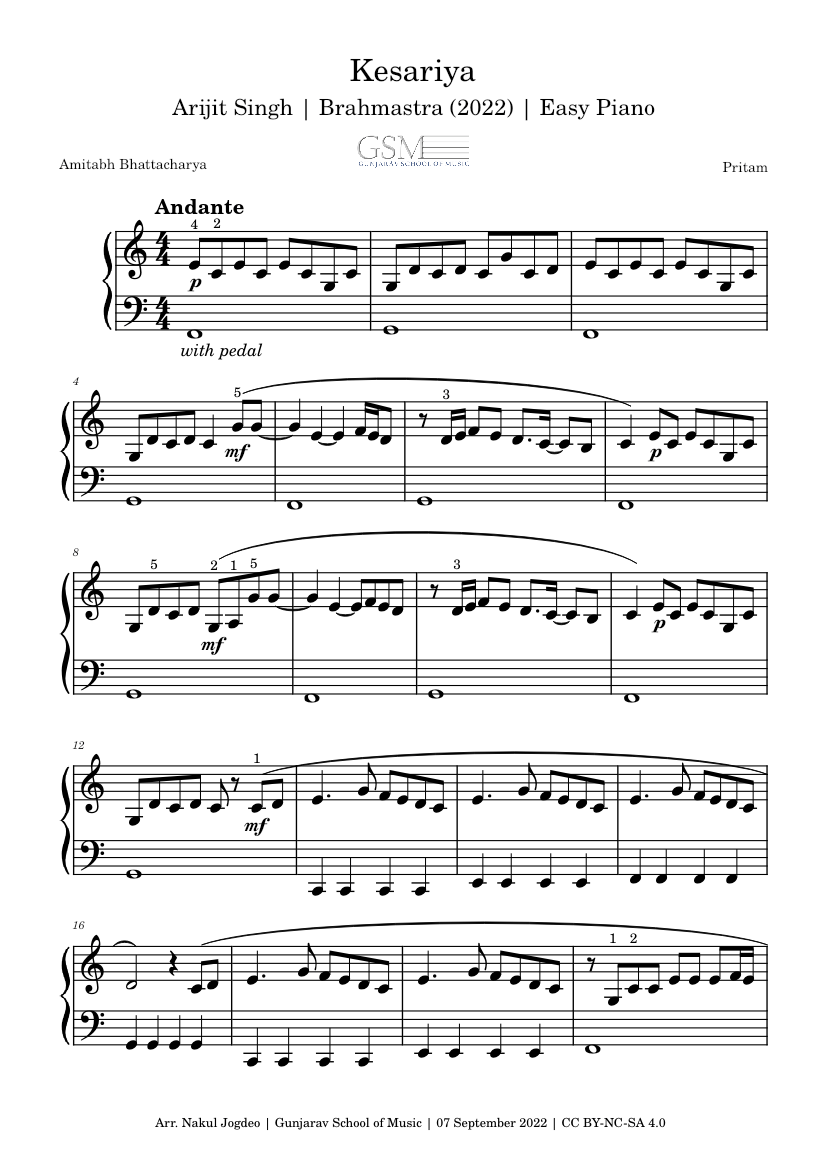 Kesariya - Easy Piano Sheet Music for Piano (Solo) | MuseScore.com