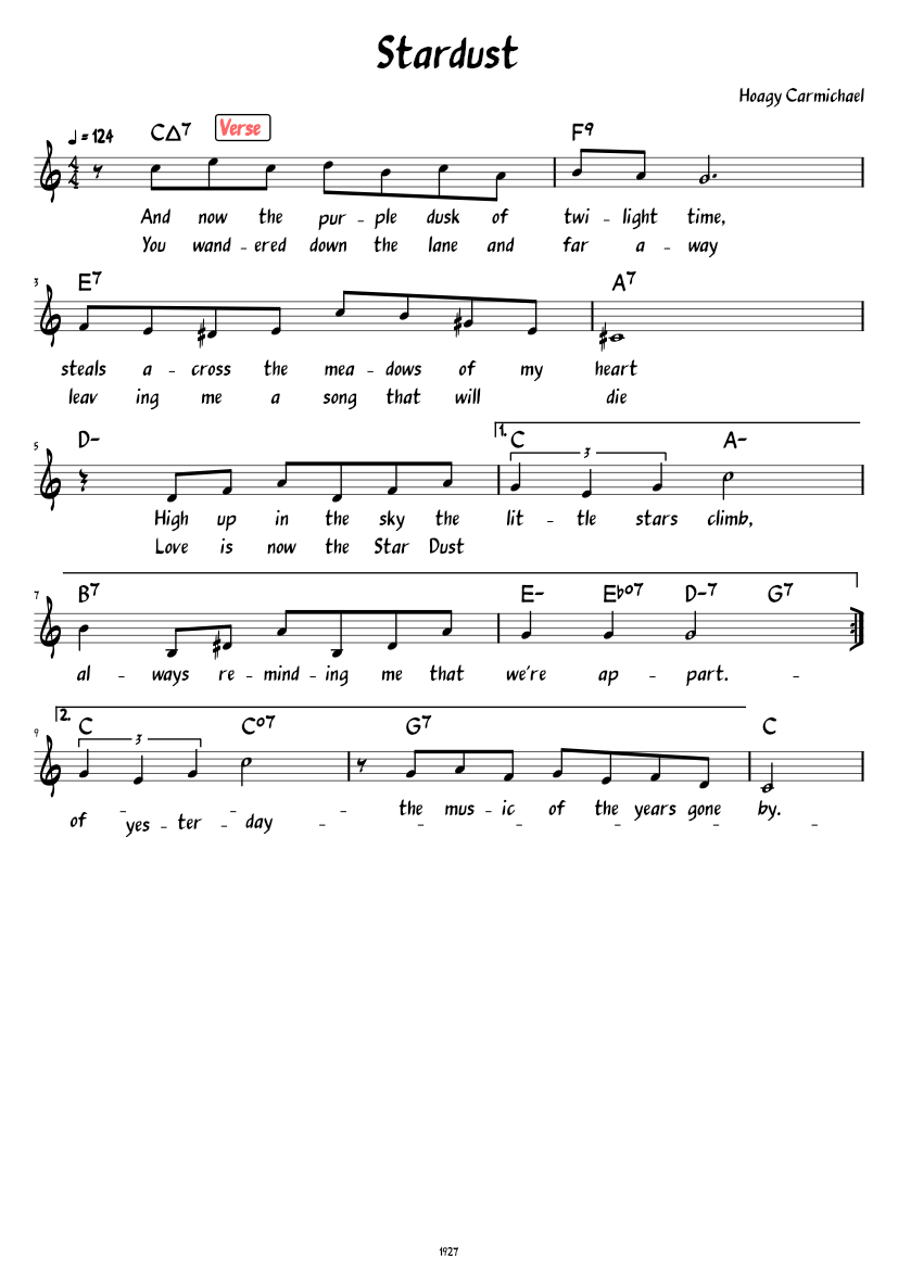 Stardust (Lead sheet with lyrics ) - piano tutorial