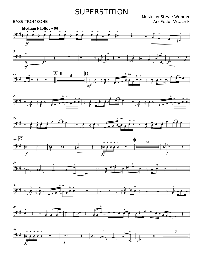 Superstition - Stevie Wonder Sheet music for Trombone bass (Solo) | Musescore.com