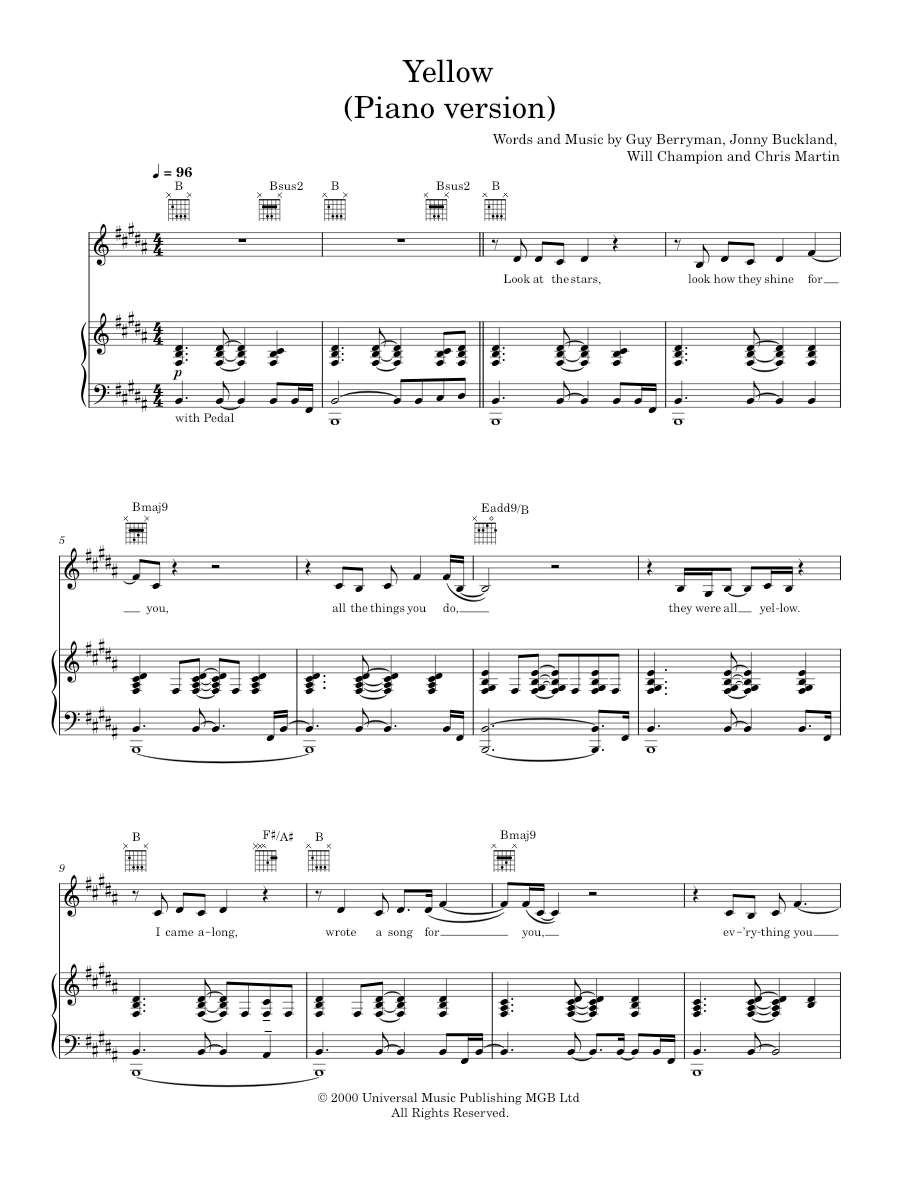 Play Official version of Yellow sheet music by Coldplay for Piano ...