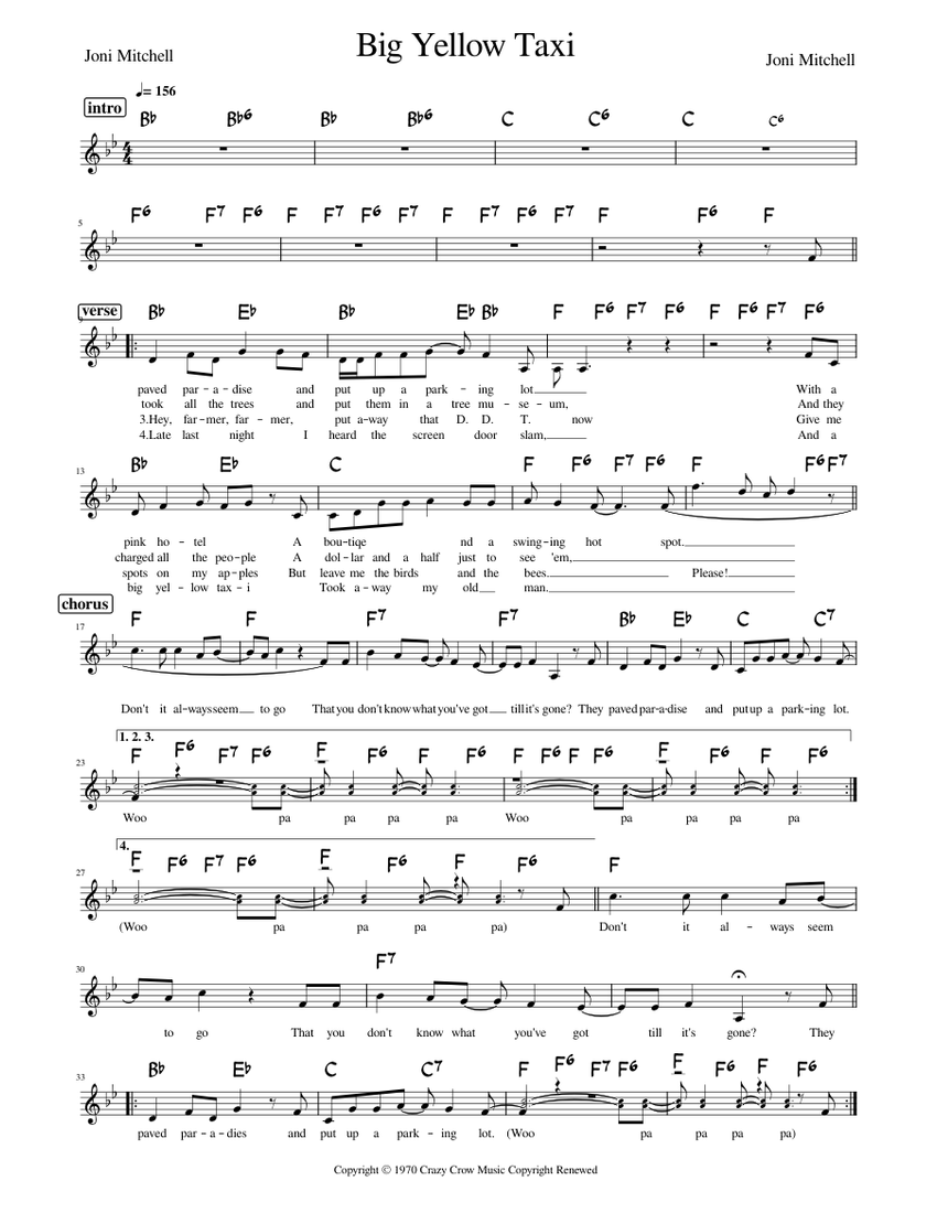 Big Yellow Taxi - Joni Mitchell Sheet music for Violin (Solo ...