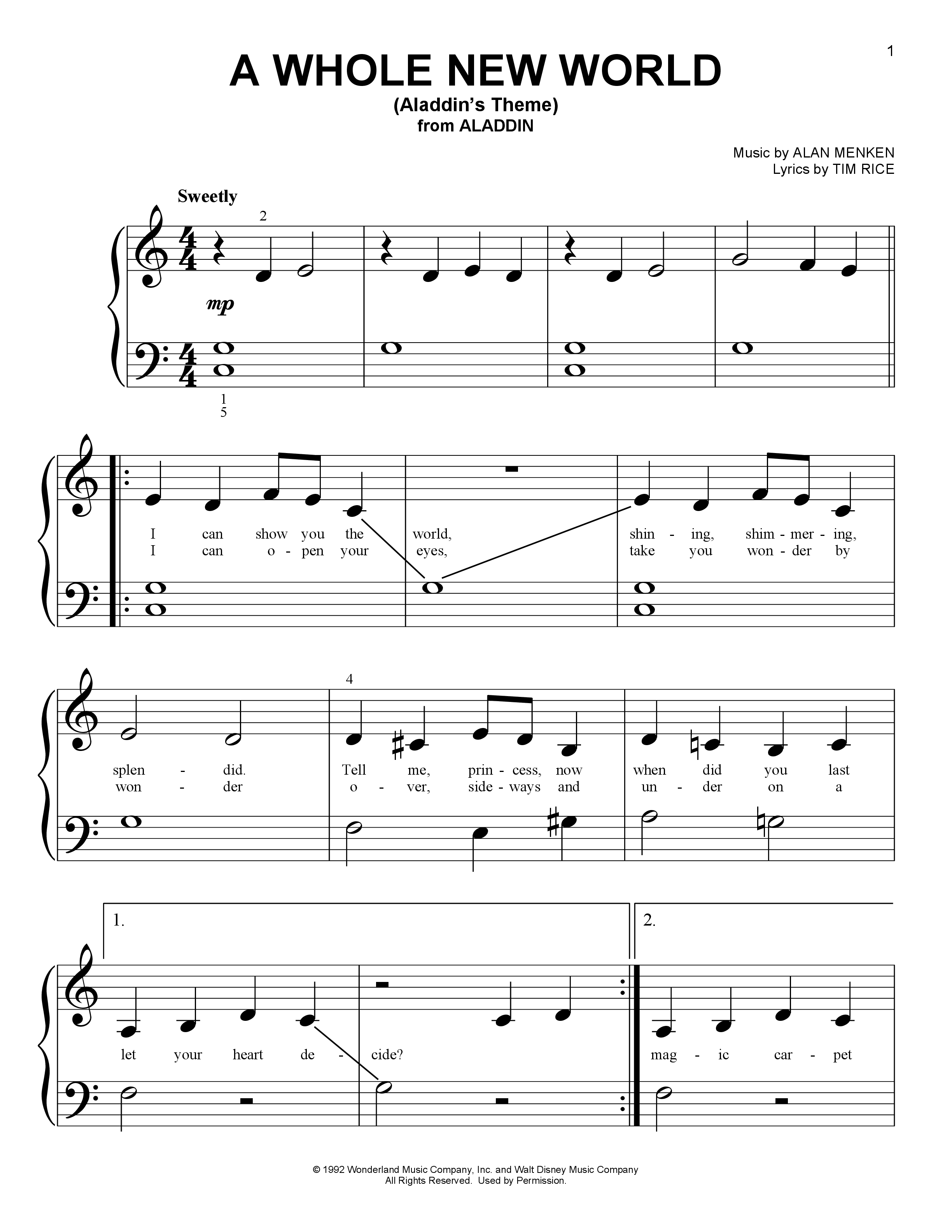 Play Official version of A Whole New World (from Aladdin) sheet music by Alan Menken for Piano ...