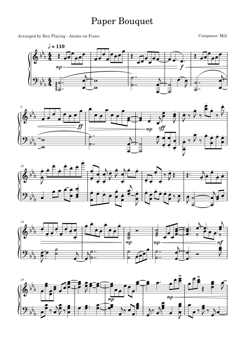 Paper Bouquet – Mili (Ben Playing-Anime on Piano Arrangement) Sheet ...