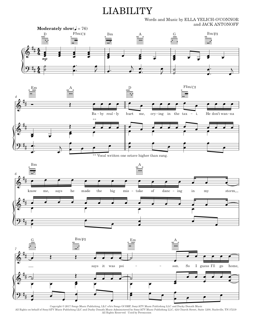 liability Sheet music for Piano, Vocals by Lorde: Music Notes by MuseScore