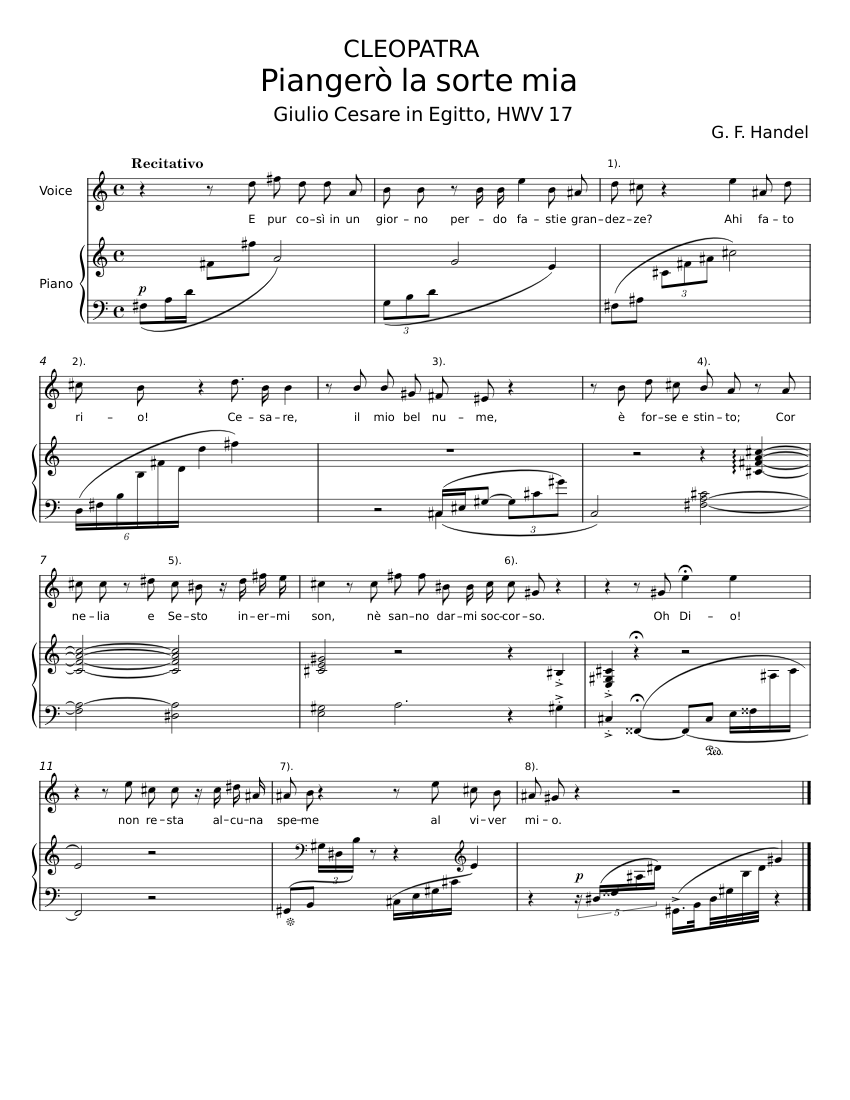 Piangerò la sorte mia - G. F. Handel Sheet music for Piano, Voice ...