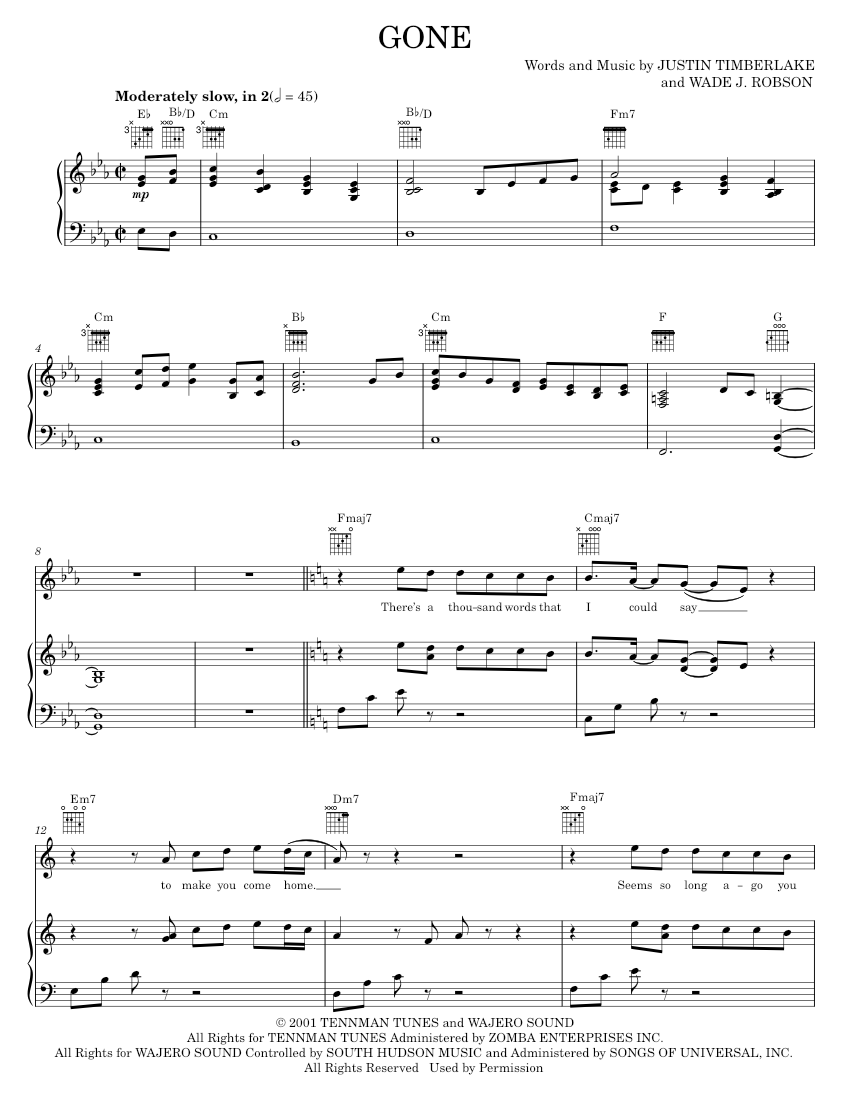 Play Official version of Gone sheet music by *NSYNC for Piano, Vocals ...